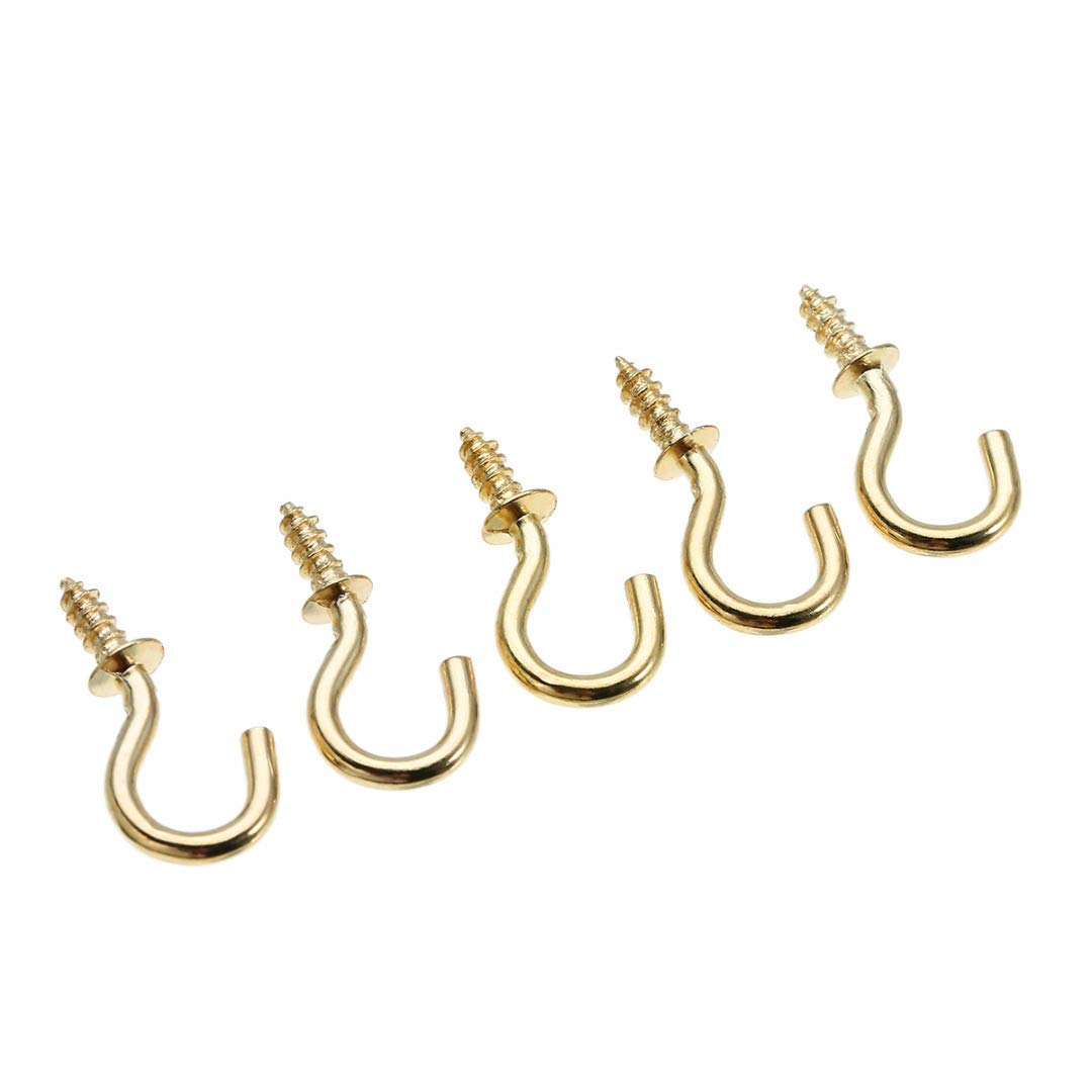 LANSEYQO Mini Ceiling Screw Hooks, 50 Pcs (3/4 inch) Hanging Cup Hooks Brass Plated Screw-in Hooks for Hanging Plants Mug Arts Decorations, Gold