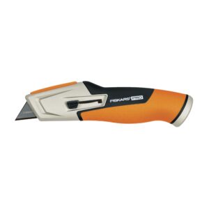 Fiskars Pro Retractable Utility Knife, Heavy Duty Box Cutter with CarbonMax Long-lasting Snap Blade, and Easy Hinge Open with Quick Blade Change and Storage, Orange/Black