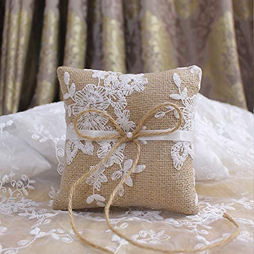 LABJULY Ring Bearer Pillows Lace Bow Flower for Fall Wedding Ceremony with Vintage Rustic Lace Bow Pearl Embroidered Flower Ribbon (6 inch)