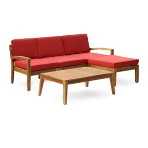 christopher knight home grenada sectional sofa set | 5-piece 3-seater | includes coffee table and ottoman | acacia wood frame | water-resistant cushions | teak and red, finish