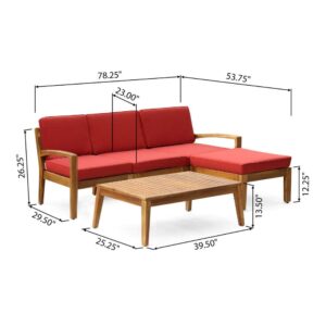 Christopher Knight Home Grenada Sectional Sofa Set | 5-Piece 3-Seater | Includes Coffee Table and Ottoman | Acacia Wood Frame | Water-Resistant Cushions | Teak and Red, Finish