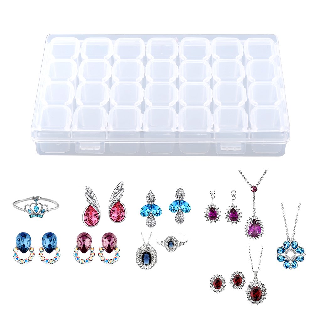 28 Grids Jewelry Storage Organizer, Clear Plastic 28 Slots Adjustable Tablet Organizer Jewelry Storage Organizer Box Container for Beads Earrings Storage Pills Jewelry, 6.9 x 4.3 x