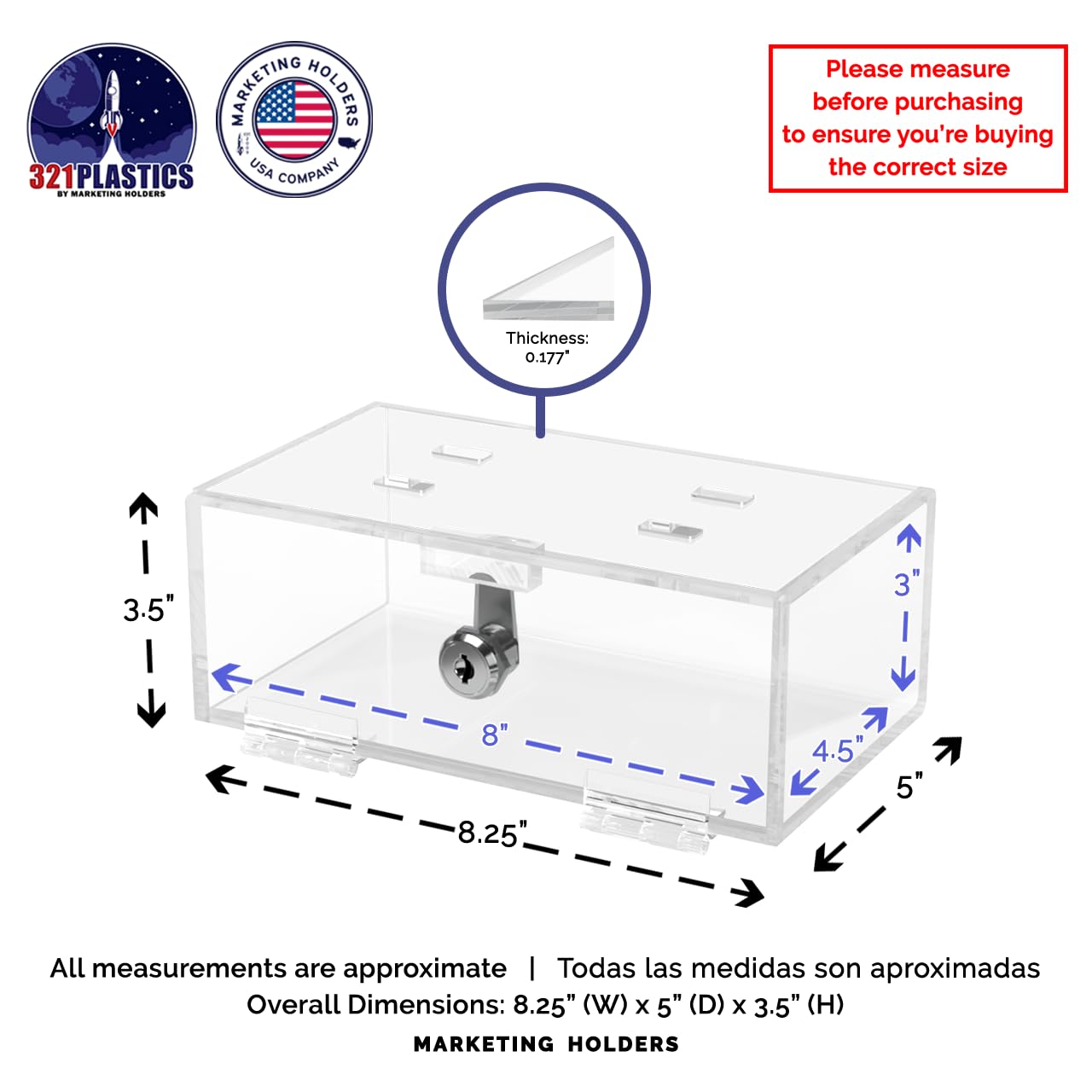 Marketing Holders Locking Medical Box for Medical Office or Home Refrigerator Medicine Storage Case with Hardware 8" x 4.5" x 3" Clear Acrylic Insulin and Vaccine Holder