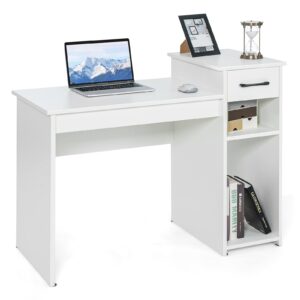 tangkula white desk with storage drawer & shelves, compact desk for small space, modern wooden study desk writing desk with storage drawer & compartments, pc laptop desk small desk for bedroom