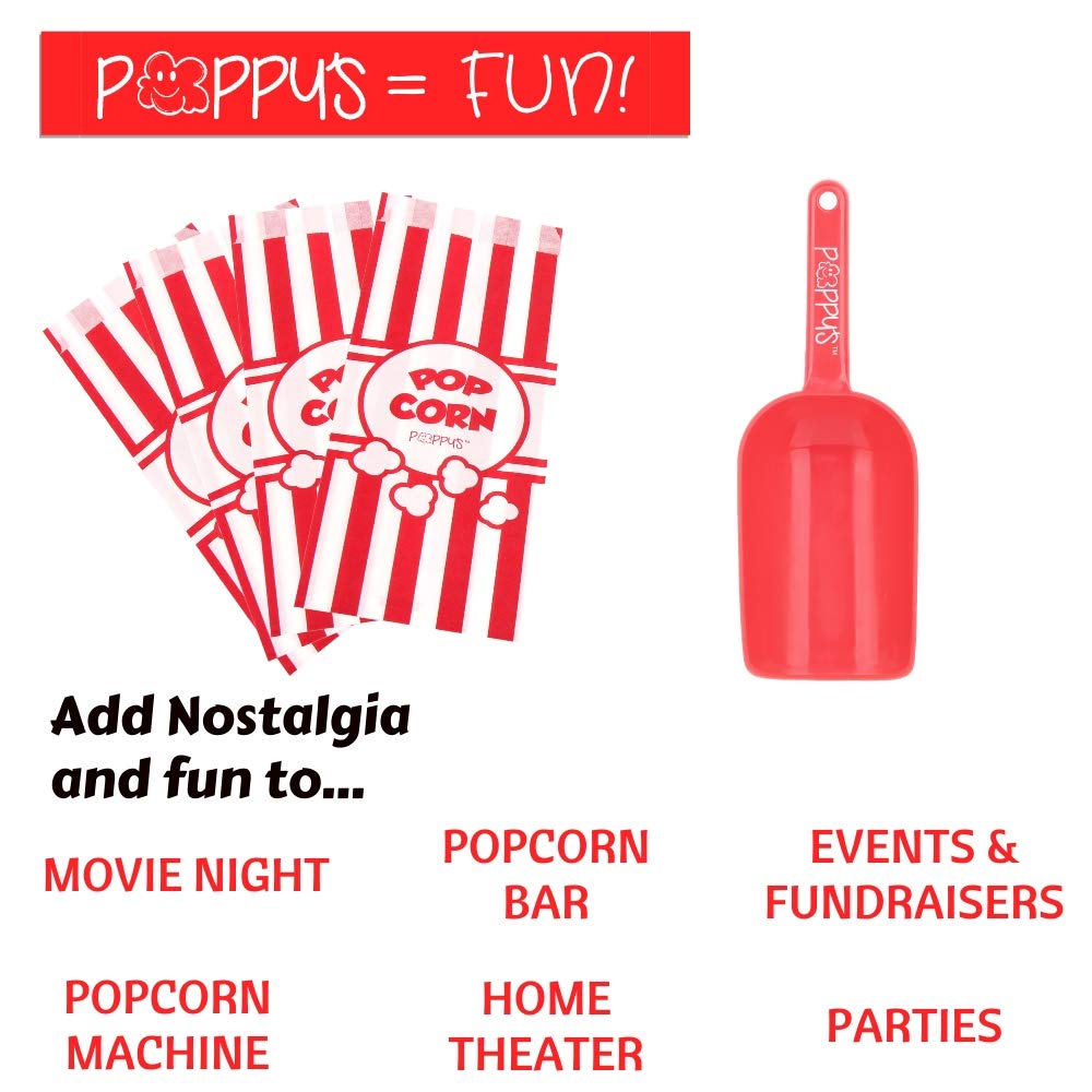 Poppy's Plastic Popcorn Scoop Bundle - 50 Bags and Plastic Popcorn Scooper, Popcorn Machine Accessories for Popcorn Bars, Movie Nights, Concessions