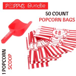 Poppy's Plastic Popcorn Scoop Bundle - 50 Bags and Plastic Popcorn Scooper, Popcorn Machine Accessories for Popcorn Bars, Movie Nights, Concessions