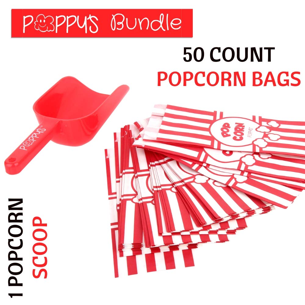 Poppy's Plastic Popcorn Scoop Bundle - 50 Bags and Plastic Popcorn Scooper, Popcorn Machine Accessories for Popcorn Bars, Movie Nights, Concessions