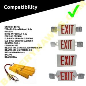 (5 Pack) BAT9.6V700 9.6v 900mAh Exit Sign Emergency Light ELBB003 ELB-B003 NiCad Battery Replacement ELB-B004 ELBB004 OSA228 CUSTOM-306-U BBAT0044A BAA-96 BBAT0043A