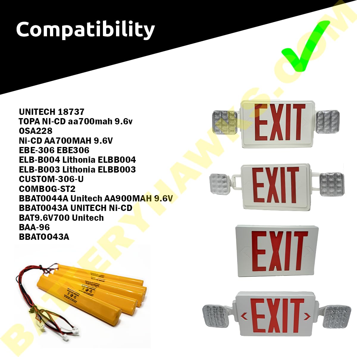 (5 Pack) BAT9.6V700 9.6v 900mAh Exit Sign Emergency Light ELBB003 ELB-B003 NiCad Battery Replacement ELB-B004 ELBB004 OSA228 CUSTOM-306-U BBAT0044A BAA-96 BBAT0043A