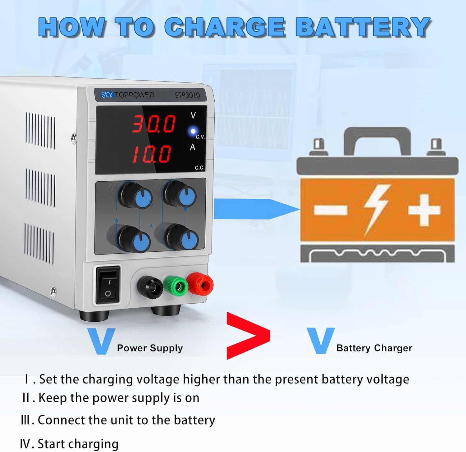 DC Power Supply Variable,30V 10A Bench Power Supply Electroforming,Adjustable Regulated Power with 3 Digit Display for Laboratory,Test Faulty Motor,Mobile Phone Repair,DIY,SKY TOPPOWER STP3010