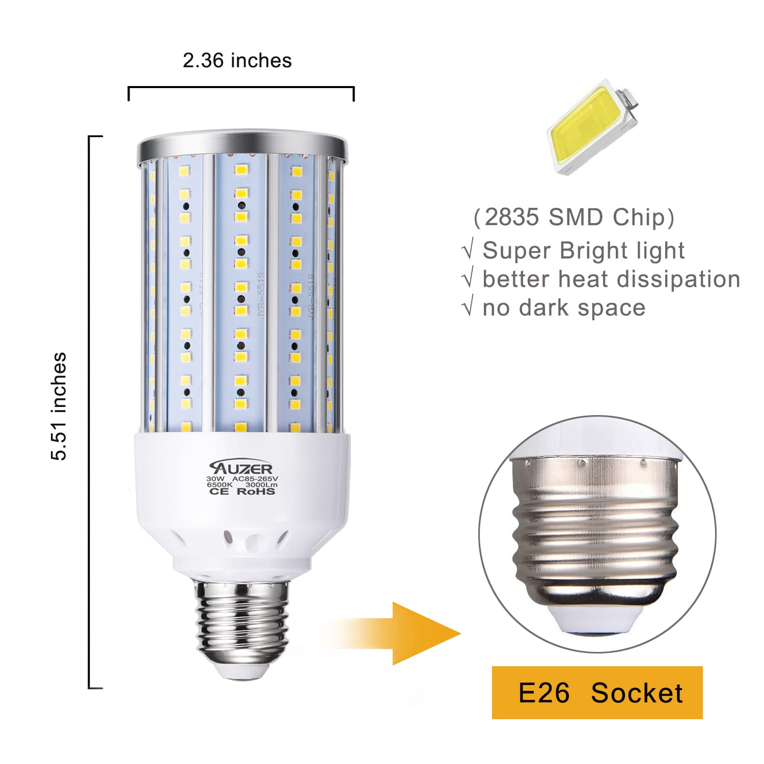 Auzer 2-Pack 30W (200W Equivalent), E26 Standard Base LED Corn Light Bulb for Garage Factory Warehouse Street Lamp Post Lighting Barn Porch Backyard Garden, 6500K Daylight, 85V-265V