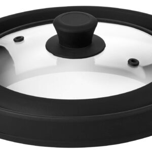 Microwave Glass Plate Cover Lid - Vented and Collapsible Design with A Safe and Easy Grip Silicone Handle – 10.5 Inch Diameter (BLACK)