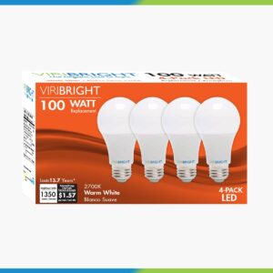 Viribright 100 Watt Equivalent (13W), LED Light Bulbs, Warm White 2700K, A19 100w Bulb, A19 Base Light Bulb, 4 Pack