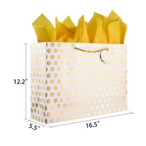 Bobobag 4 Pack 16.5" Extra Large Gift Bags with Tissue Paper for Mother's Day, Birthday Presents (gold polka dot)