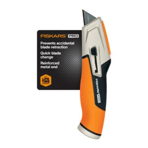 fiskars pro retractable utility knife, heavy duty box cutter with carbonmax long-lasting snap blade, and easy hinge open with quick blade change and storage, orange/black