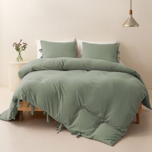 mukka sage green duvet cover set queen size with bowknot closure 3 pieces washed microfiber duvets set boho style for girl men women