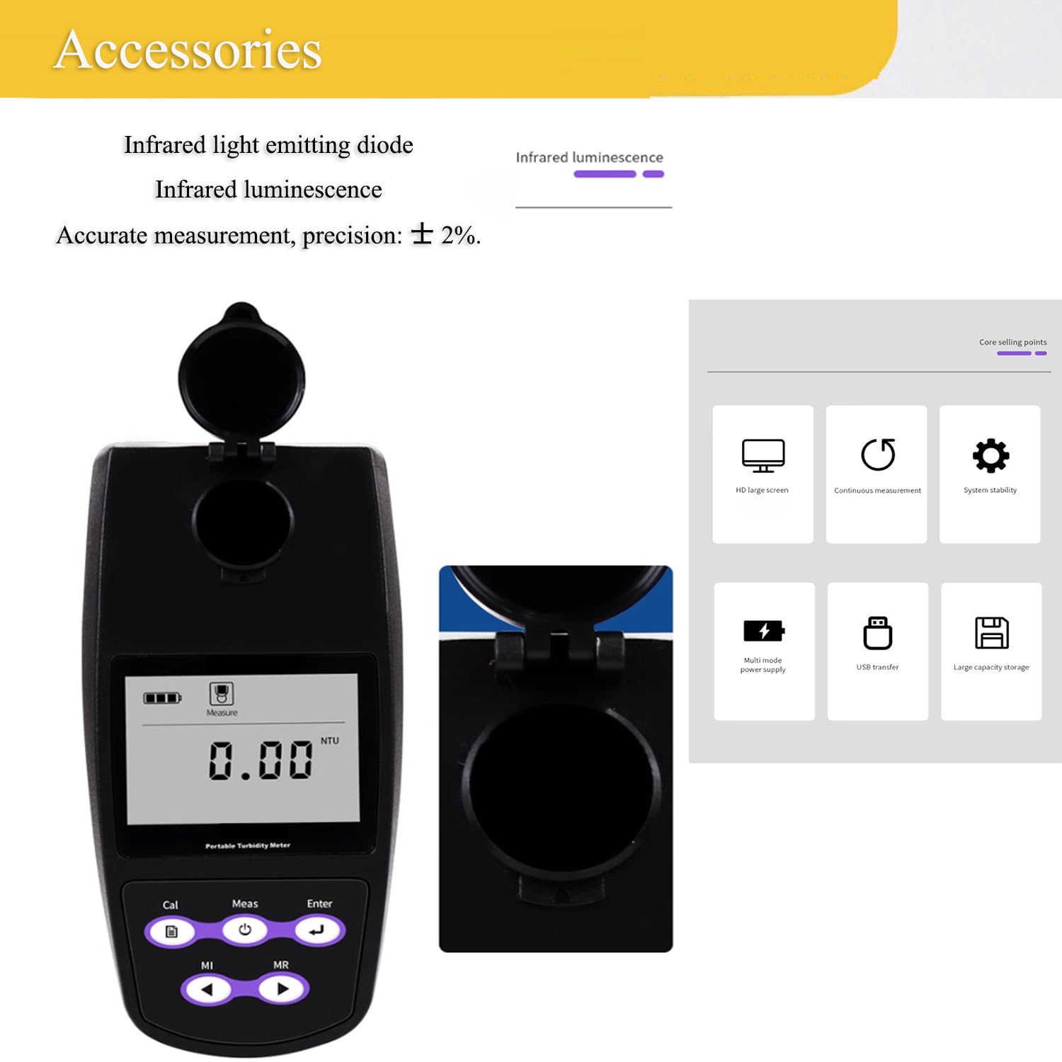 Portable Turbidimeter Turbidity Meter Kit Turbidity Tester with 4 PCS Calibration Solution Vials Range 0~1100 NTU/FNU 0~275 EBC 0~9999 ASBC