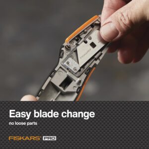 Fiskars Pro Retractable Utility Knife, Heavy Duty Box Cutter with CarbonMax Long-lasting Snap Blade, and Easy Hinge Open with Quick Blade Change and Storage, Orange/Black