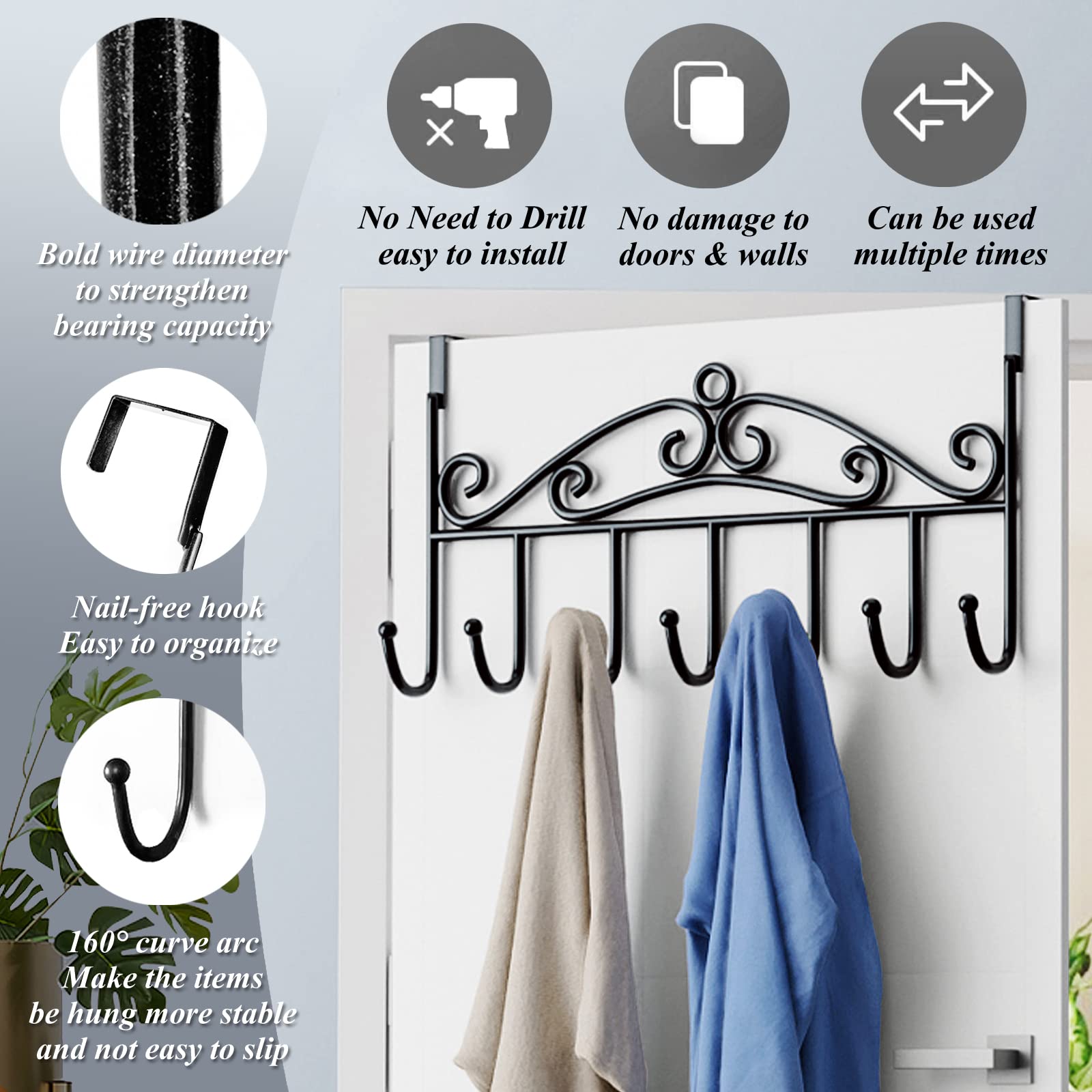 Youdepot Over The Door Hook - 7 Hook Bronze Coat Rack, Towel Hanger, Bathroom Door Hooks, Clothes Hanger, Hat Organizer, and Belt Holder. Easy to Install Door Hanger Hook.