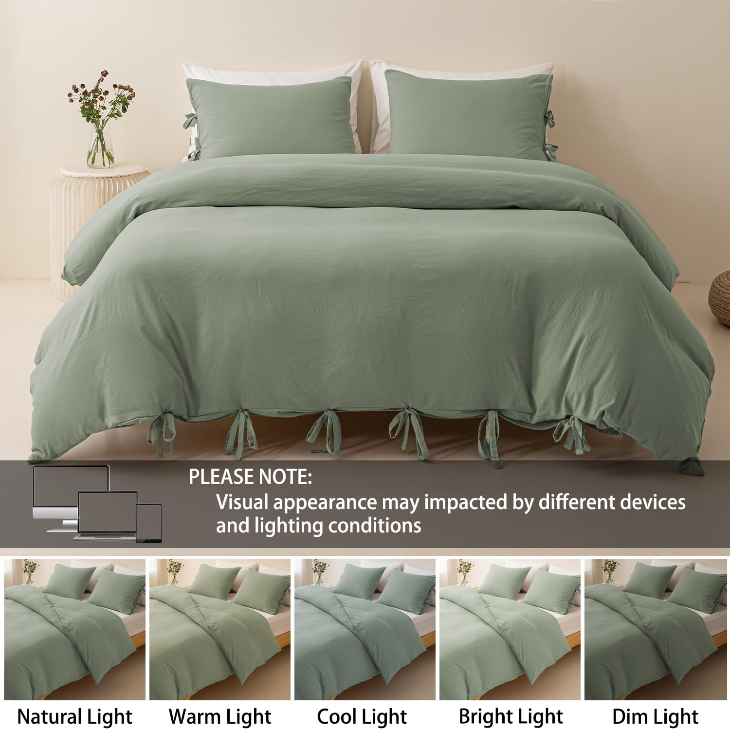 MUKKA Sage Green Duvet Cover Set Queen Size with Bowknot Closure 3 Pieces Washed Microfiber Duvets Set Boho Style for Girl Men Women