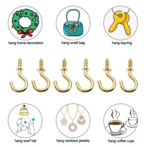 LANSEYQO Mini Ceiling Screw Hooks, 50 Pcs (3/4 inch) Hanging Cup Hooks Brass Plated Screw-in Hooks for Hanging Plants Mug Arts Decorations, Gold