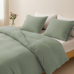 MUKKA Sage Green Duvet Cover Set Queen Size with Bowknot Closure 3 Pieces Washed Microfiber Duvets Set Boho Style for Girl Men Women