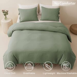 MUKKA Sage Green Duvet Cover Set Queen Size with Bowknot Closure 3 Pieces Washed Microfiber Duvets Set Boho Style for Girl Men Women