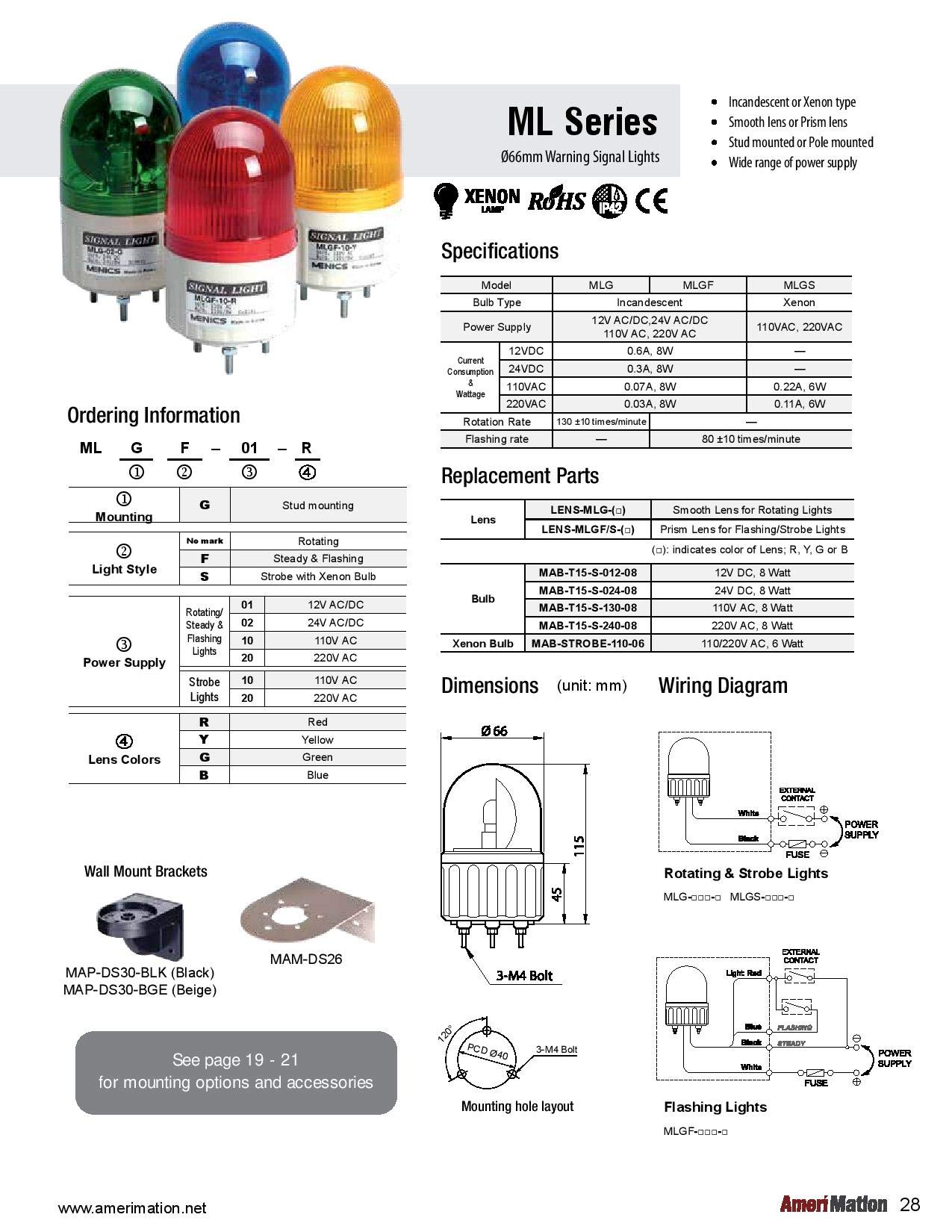 MLG-02-R, Beacon Rotating Light, 66mm red Lens, Stud Mount, Incandescent Bulb, 24V AC/DC 8W