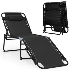 giantex patio chaise lounge chair - 16” high folding tanning chair with removable headrest, 4-gear backrest, 2-position anti-skid foot-pads, portable sunbathing beach chair, camping cot, grey