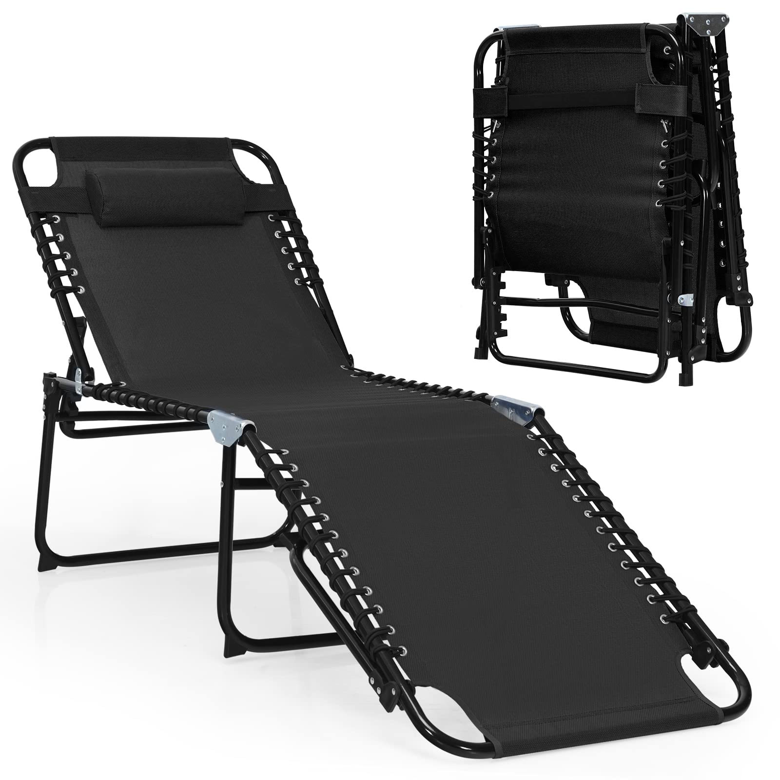 Giantex Patio Chaise Lounge Chair - 16” High Folding Tanning Chair with Removable Headrest, 4-Gear Backrest, 2-Position Anti-Skid Foot-Pads, Portable Sunbathing Beach Chair, Camping Cot, Grey