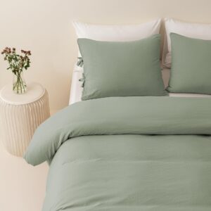 MUKKA Sage Green Duvet Cover Set Queen Size with Bowknot Closure 3 Pieces Washed Microfiber Duvets Set Boho Style for Girl Men Women