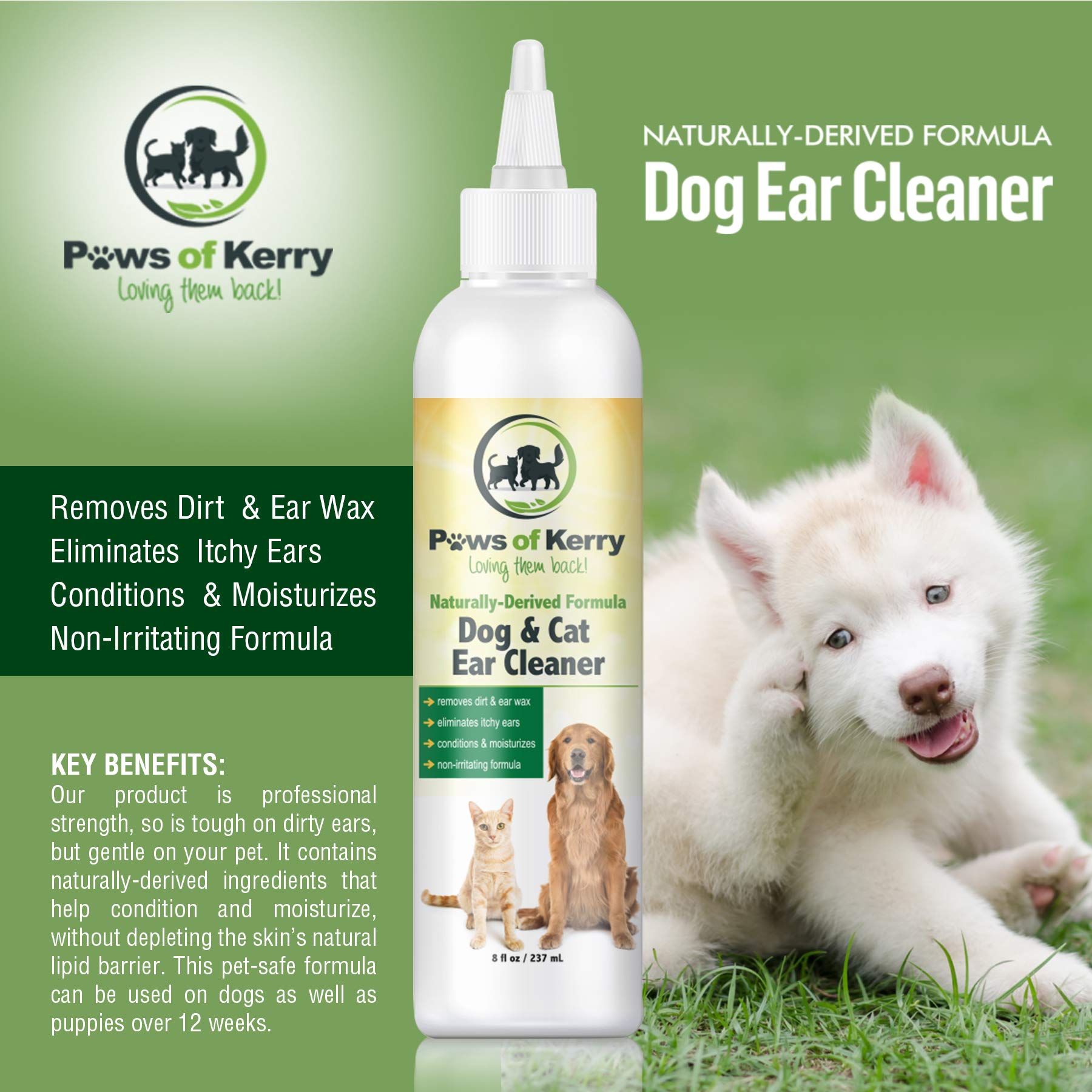 Paws of Kerry Dog Ear Cleaner for Itching, Head Shaking, Odor, Wax and Discharge - Non-Irritating Ear Wash for Dogs & Cats, Natural Ear Drops for Dogs - 8 Ounces - Dog Ear Cleaner Solution