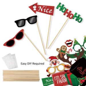 Glitter Christmas Photo Booth Props Kit - 25 Count Large Photography Party Decorations Gifts, Fun Santa Elfie Selfie Posing Signs DIY Craft Backdrop Accessories for Birthday New Year Holiday