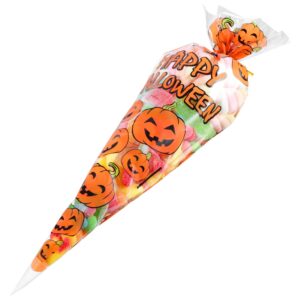 Tatuo 100 Pcs Halloween Candy Bags Pumpkin Patterned Cone Treat Bags Triangle Cellophane Pouch with 100 Pieces Gold Twist Ties for Popcorn Goodie Cookie Halloween Party Favor