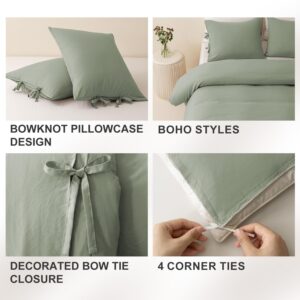 MUKKA Sage Green Duvet Cover Set Queen Size with Bowknot Closure 3 Pieces Washed Microfiber Duvets Set Boho Style for Girl Men Women