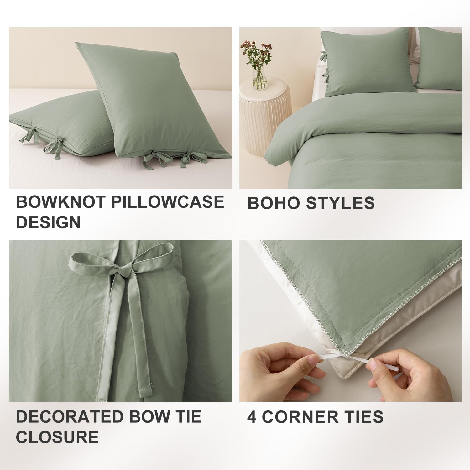 MUKKA Sage Green Duvet Cover Set Queen Size with Bowknot Closure 3 Pieces Washed Microfiber Duvets Set Boho Style for Girl Men Women