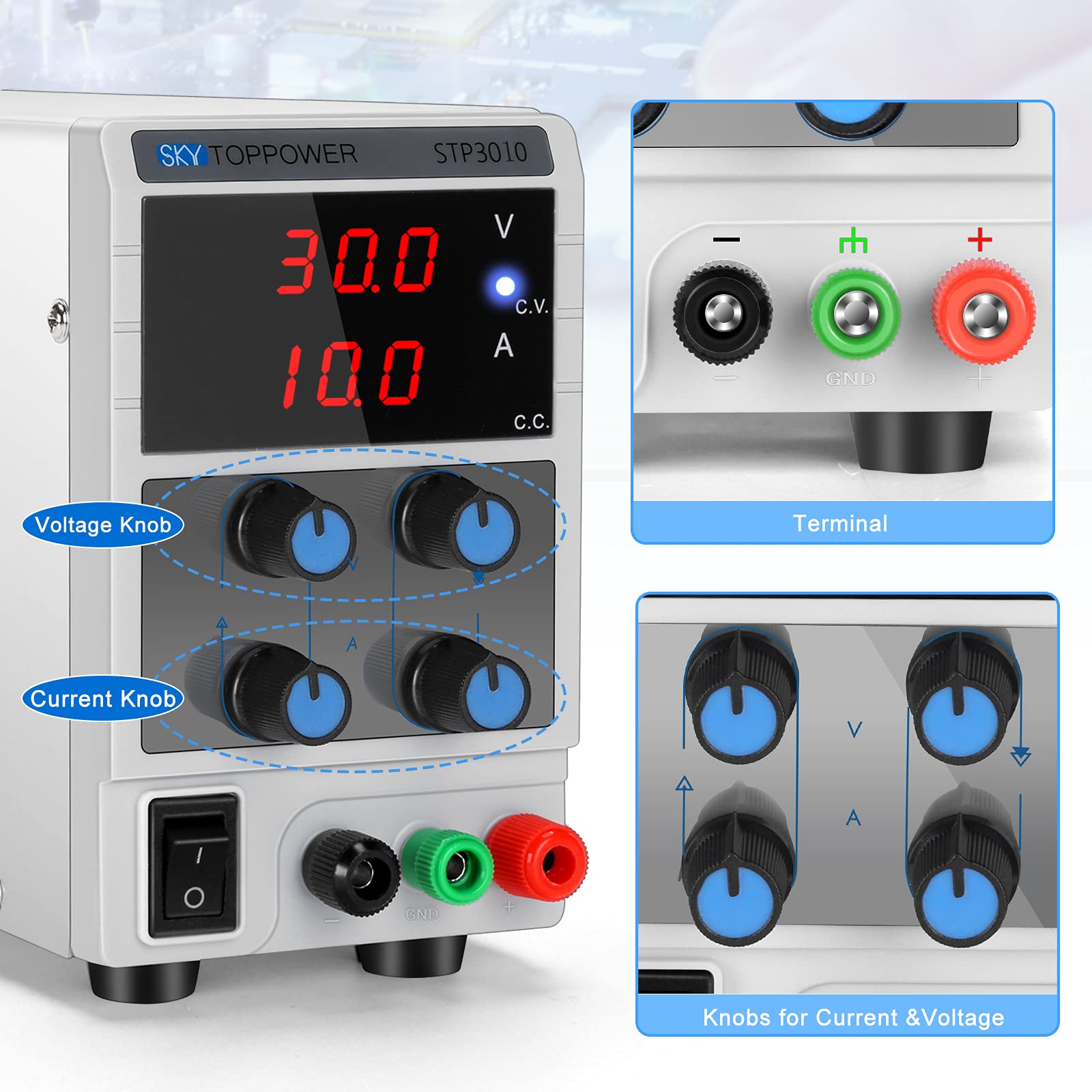 DC Power Supply Variable,30V 10A Bench Power Supply Electroforming,Adjustable Regulated Power with 3 Digit Display for Laboratory,Test Faulty Motor,Mobile Phone Repair,DIY,SKY TOPPOWER STP3010