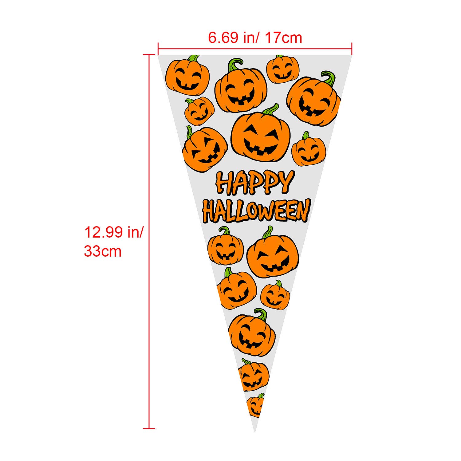 Tatuo 100 Pcs Halloween Candy Bags Pumpkin Patterned Cone Treat Bags Triangle Cellophane Pouch with 100 Pieces Gold Twist Ties for Popcorn Goodie Cookie Halloween Party Favor