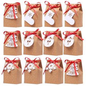 aerwo 12pcs christmas kraft gift bags, holiday paper gift bags kraft paper treat bags with tags for christmas party supplies, 5 x 3 x 7 inch mini xmas goodies bags