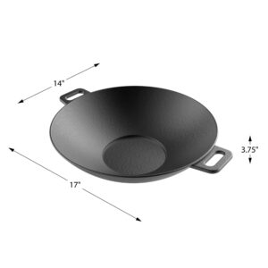 Classic Cuisine Cast Iron Wok-14” Pre-Seasoned, Flat Bottom Cookware with Handles-Compatible with Stovetop, Oven, Induction, Grill, or Campfire, (82-KIT1088)