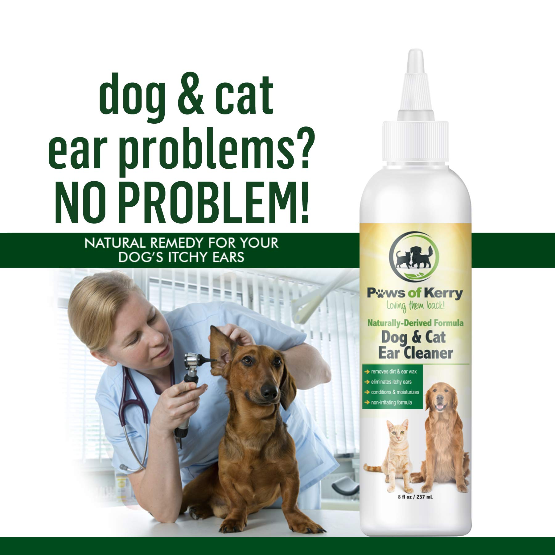 Paws of Kerry Dog Ear Cleaner for Itching, Head Shaking, Odor, Wax and Discharge - Non-Irritating Ear Wash for Dogs & Cats, Natural Ear Drops for Dogs - 8 Ounces - Dog Ear Cleaner Solution