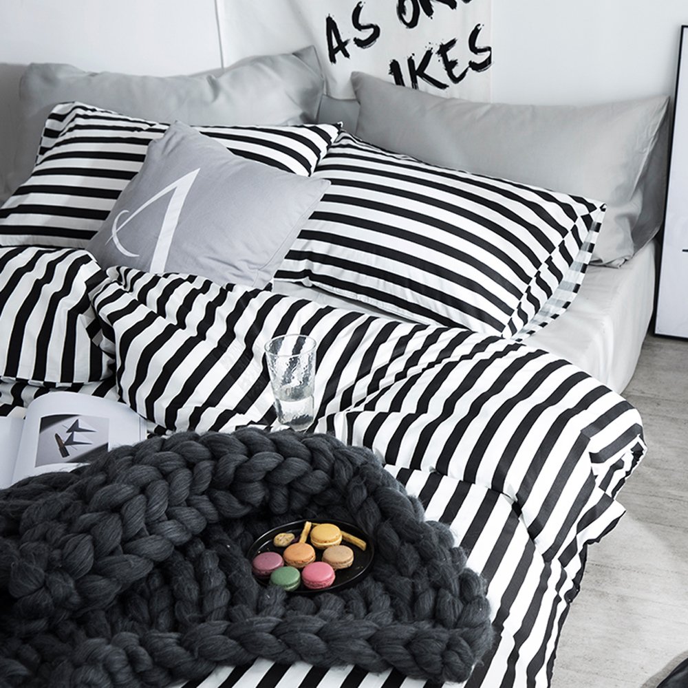 CLOTHKNOW Black and White Bedding Sets 3Pcs Striped Twin Duvet Cover Sets Boys Girls Kids Bedding Ticking Bedding Duvet Cover Sets with Zipper Closure and 2 Pillowcases