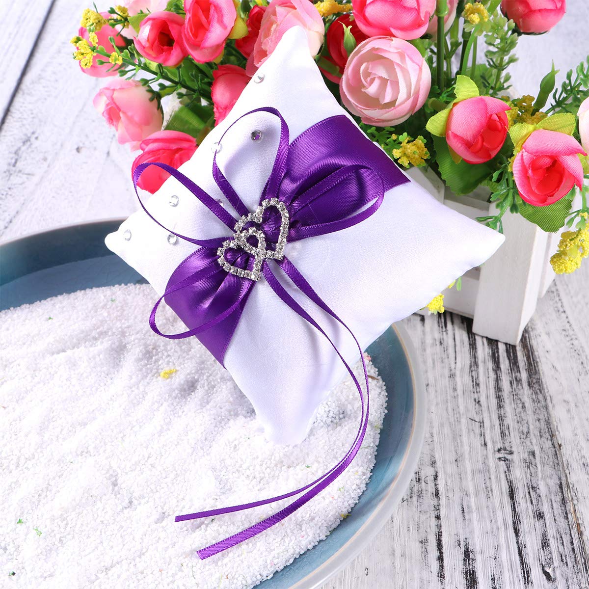 Wedding Ring Pillow, 4 x 4Inch Purple Bridal Ring Bearer Holder Cushion Double Heart Wedding Ring Box Wedding Accessories Decoration Supplies