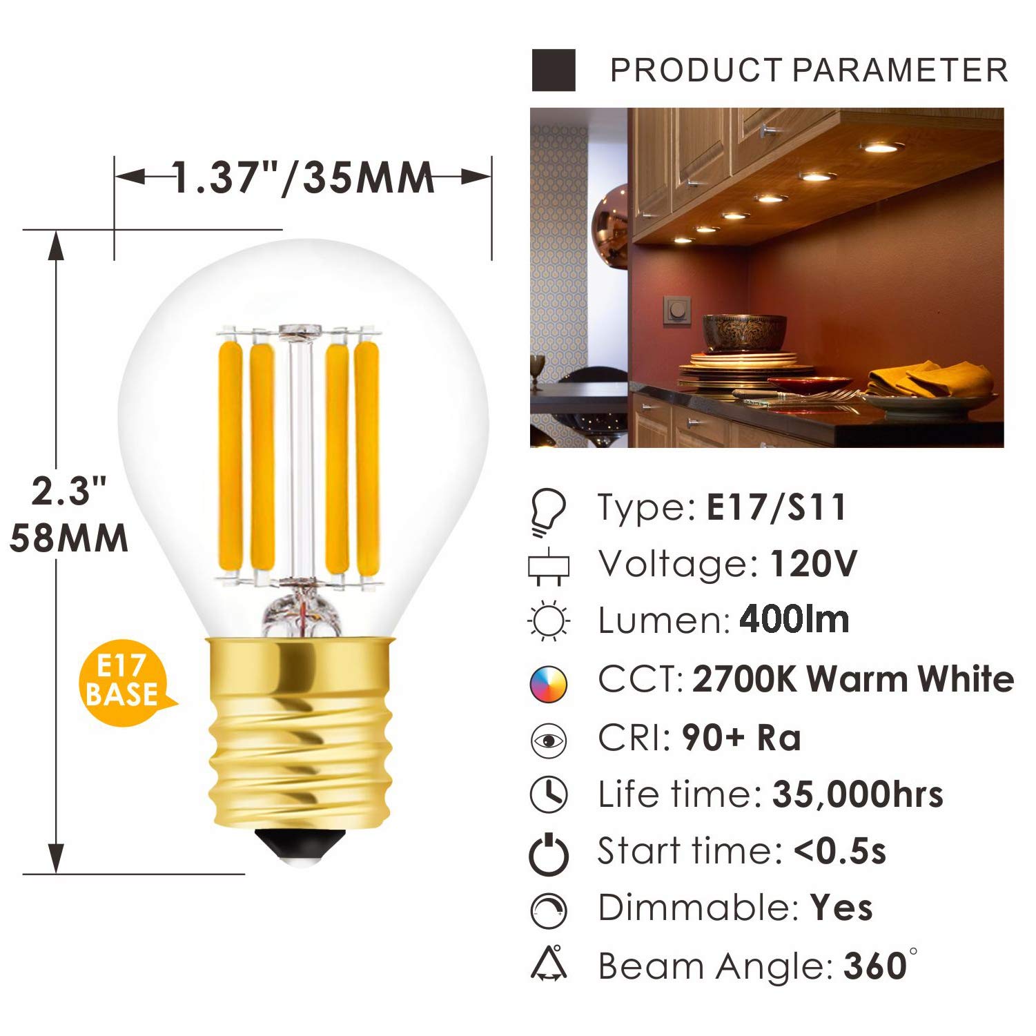 Hizashi Super Mini Globe S11 LED Light Bulb, Dimmable, 4W E17 Intermediate Base 40S11 LED Filament Replacement Bulb, 40 Watt Equivalent, Warm White 2700K for Cabinet, Closet, Desk Lamp - 4 Pack