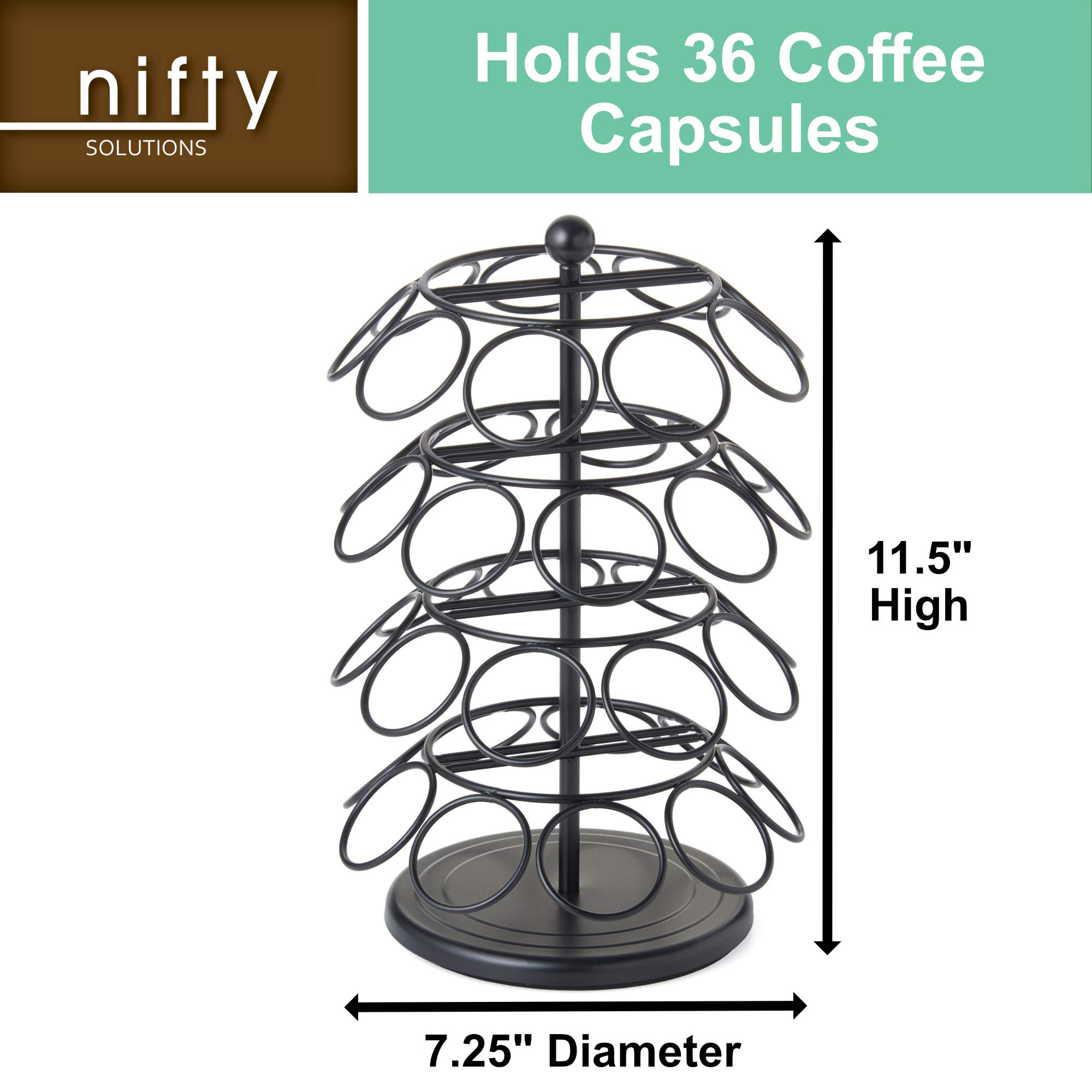 Nifty K Cup Holder – Compatible with K-Cups, Coffee Pod Carousel | 36 K Cup Holder, Spins 360-Degrees, Lazy Susan Platform, Modern Black Design, Home or Office Kitchen Counter Organizer