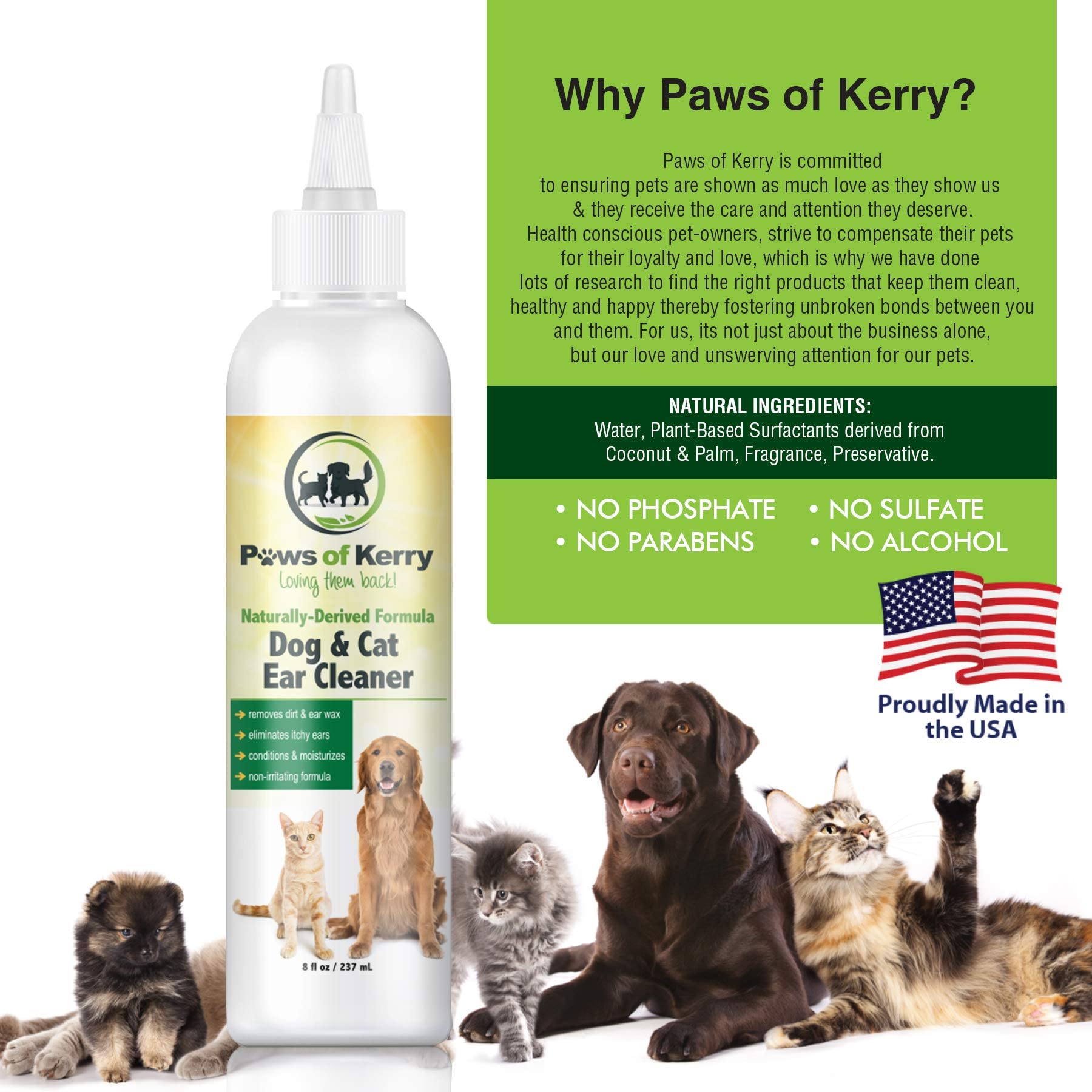 Paws of Kerry Dog Ear Cleaner for Itching, Head Shaking, Odor, Wax and Discharge - Non-Irritating Ear Wash for Dogs & Cats, Natural Ear Drops for Dogs - 8 Ounces - Dog Ear Cleaner Solution