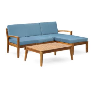 christopher knight home grenada sectional sofa set | 5-piece 3-seater | includes coffee table and ottoman | acacia wood frame | water-resistant cushions | teak and blue, finish