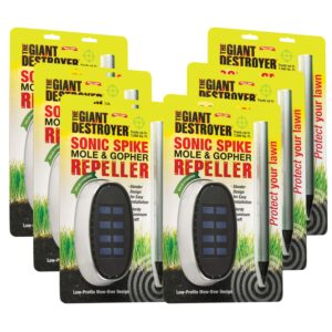 the giant destroyer sonic spike mole & gopher repeller - solar powered ultrasonic animal repellent spikes - repels rodents from lawn, garden, & home (1 pack)