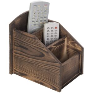 mygift burnt solid wood tv remote control holder with 3 compartments, media storage organizer caddy, office desktop supplies rack