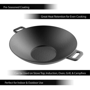 Classic Cuisine Cast Iron Wok-14” Pre-Seasoned, Flat Bottom Cookware with Handles-Compatible with Stovetop, Oven, Induction, Grill, or Campfire, (82-KIT1088)